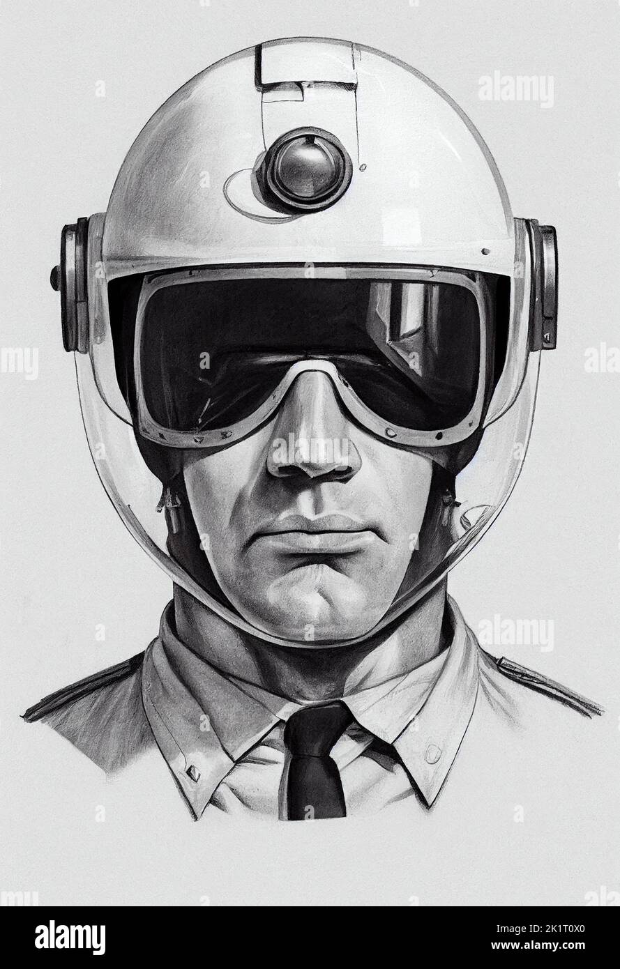 A vertical greyscale Drawing of an american helicopter pilot of the 30s ...