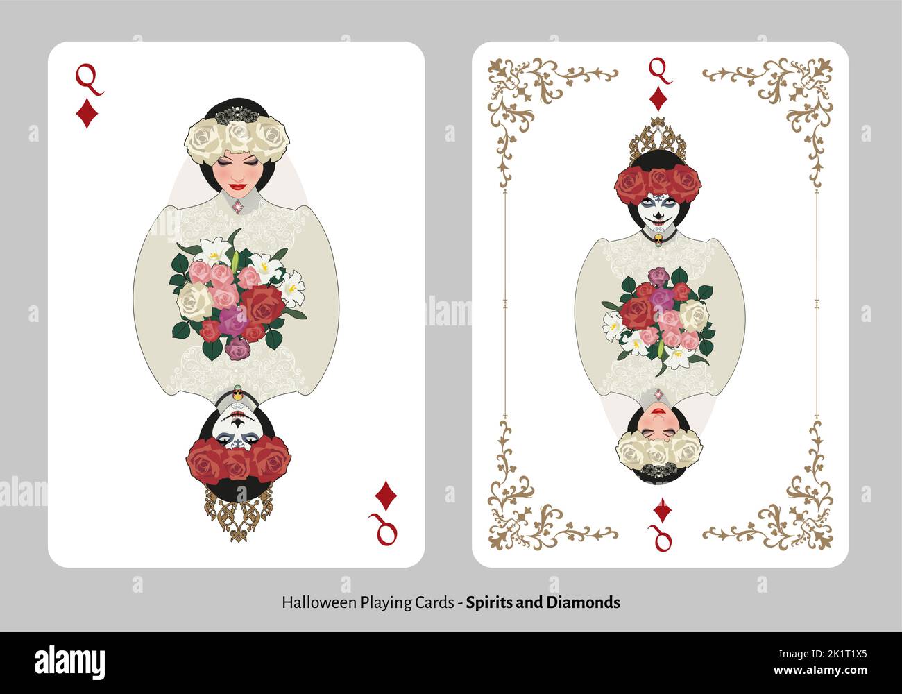 Halloween playing cards. Diamonds Queen. Young bride wearing vintage ...