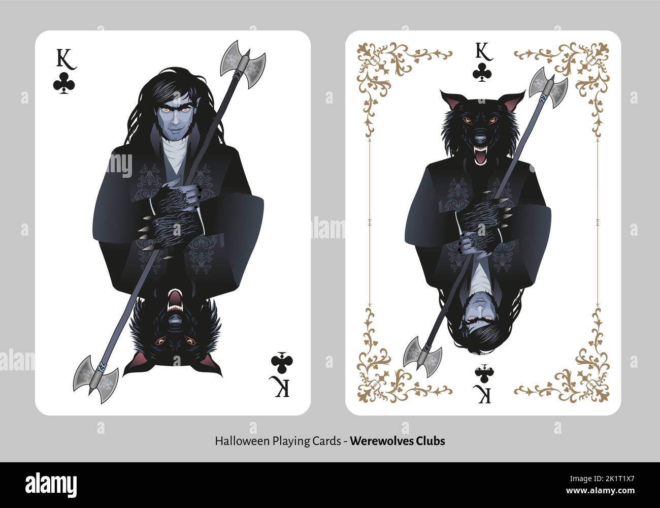 Halloween playing cards. King of Clubs. Werewolves. Werewolf dressed in ...