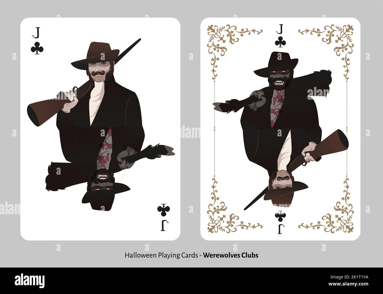 Halloween playing cards. Clubs Jack. Hunter with hat and mustache ...