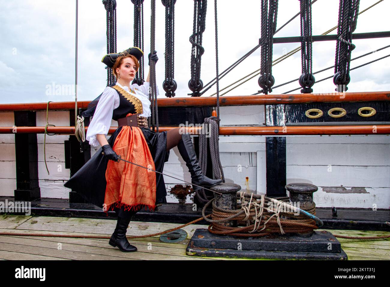 Ashley Wilkinson wearing a cosplay pirate costume onboard the RRS ...