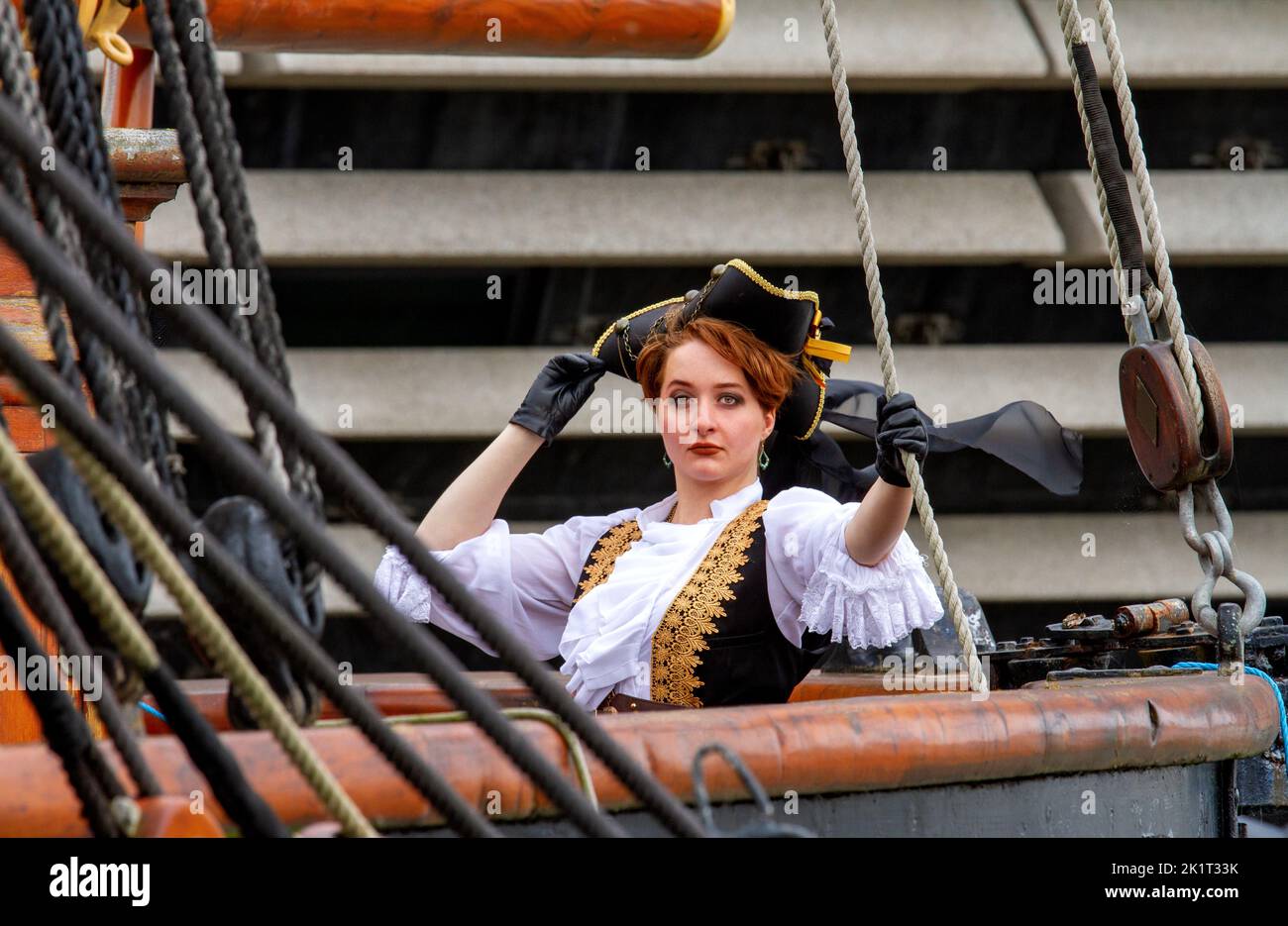 Ashley Wilkinson wearing a cosplay pirate costume onboard the RRS ...