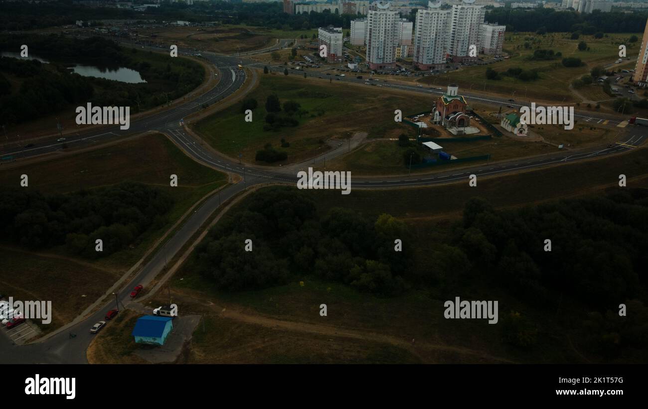Dormitory area of a big city. Construction site of the church. Urban ...