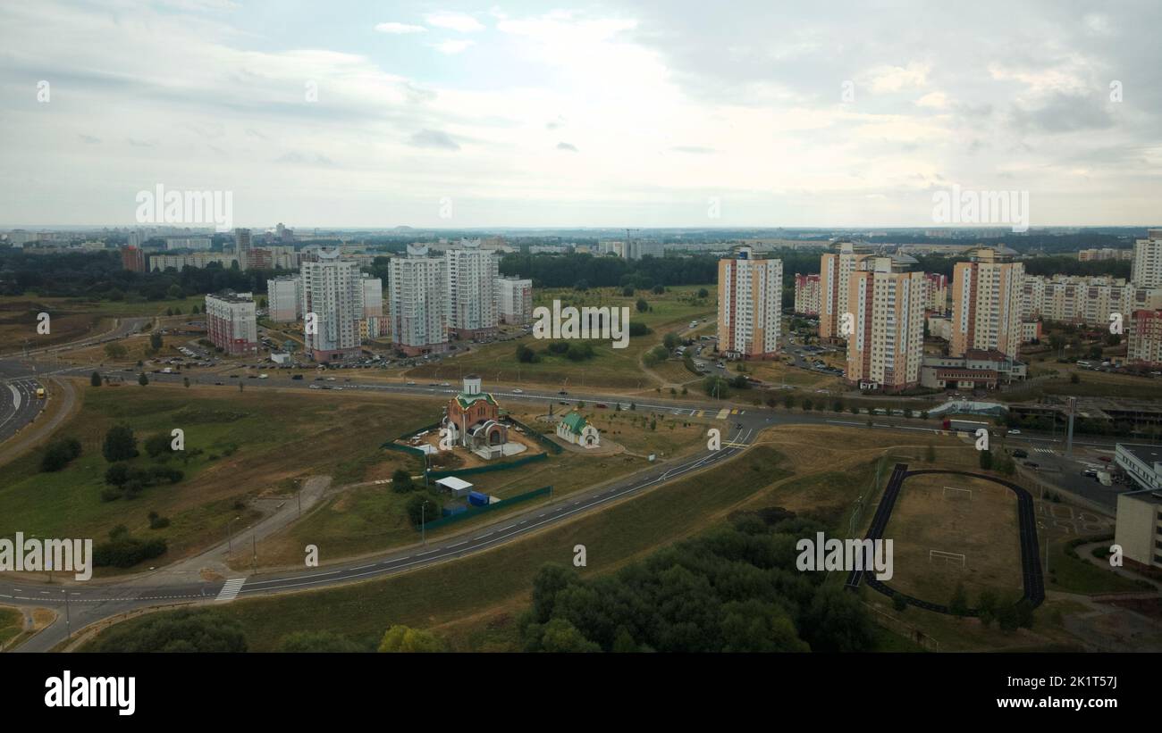 Dormitory area of a big city. Construction site of the church. Urban ...