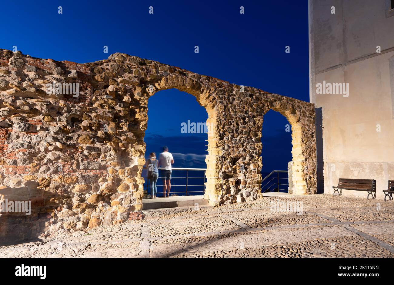 Largo Eroi Del Mare memorial wall illuminated in evening lights, on ...