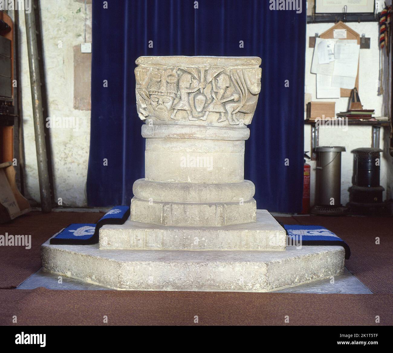 14th century font, St Mary's Church, Luppitt, Devon, England Stock ...