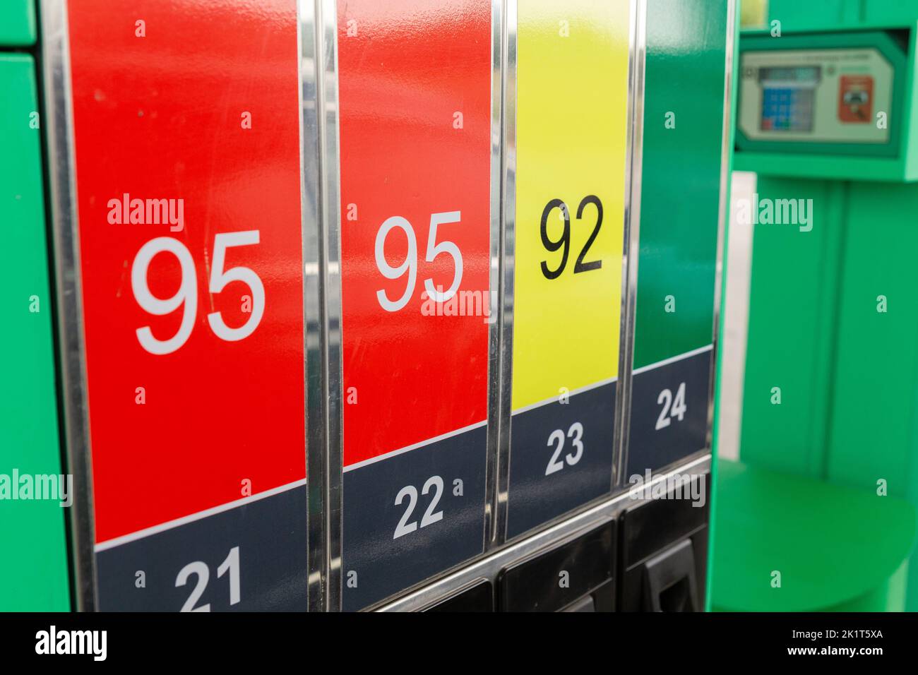 Colorfull fuel gasoline dispenser background. Close up of petroleum ...
