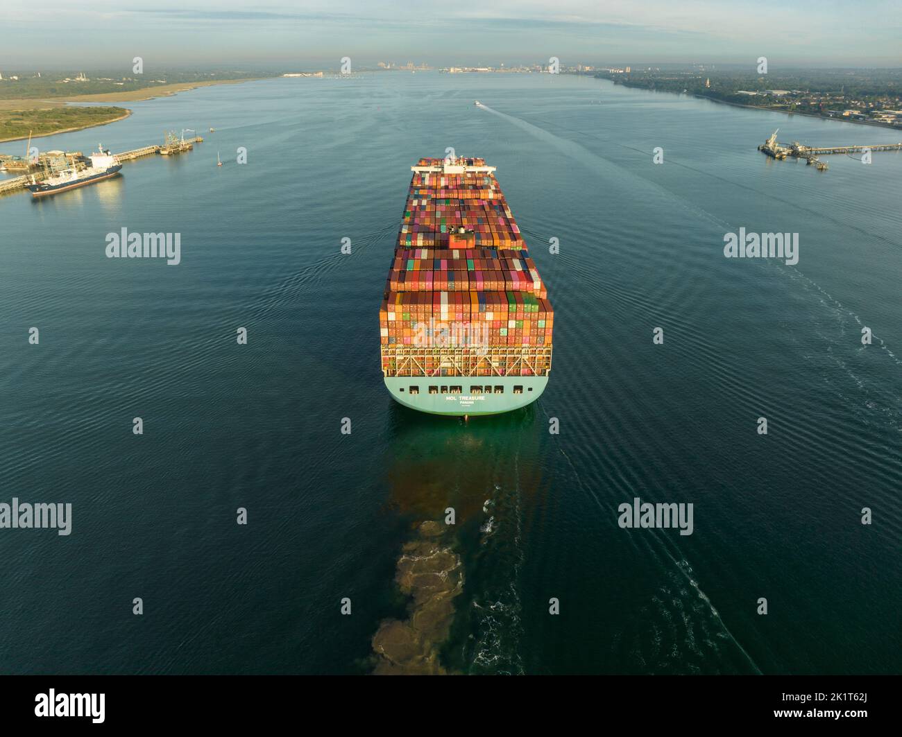 Aerial drone photo of huge container tanker ship mol treasure carrying ...