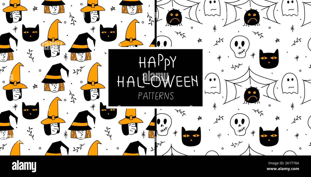 Halloween set seamless, pattern with spider, monster, ghost, witch, cat ...