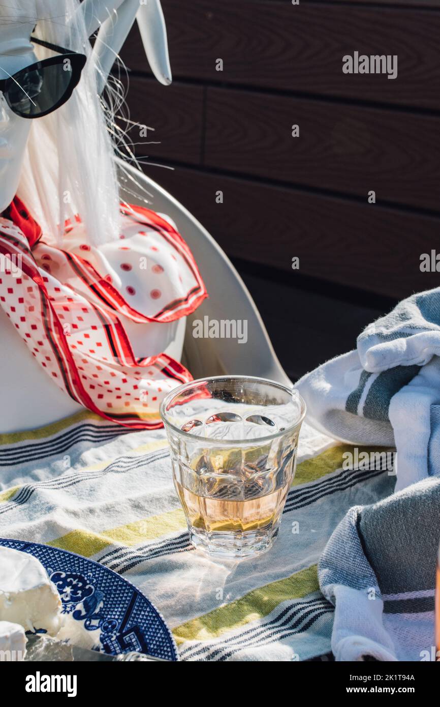 chic mannequin bust with arm having rose wine and cheese on rooftop ...
