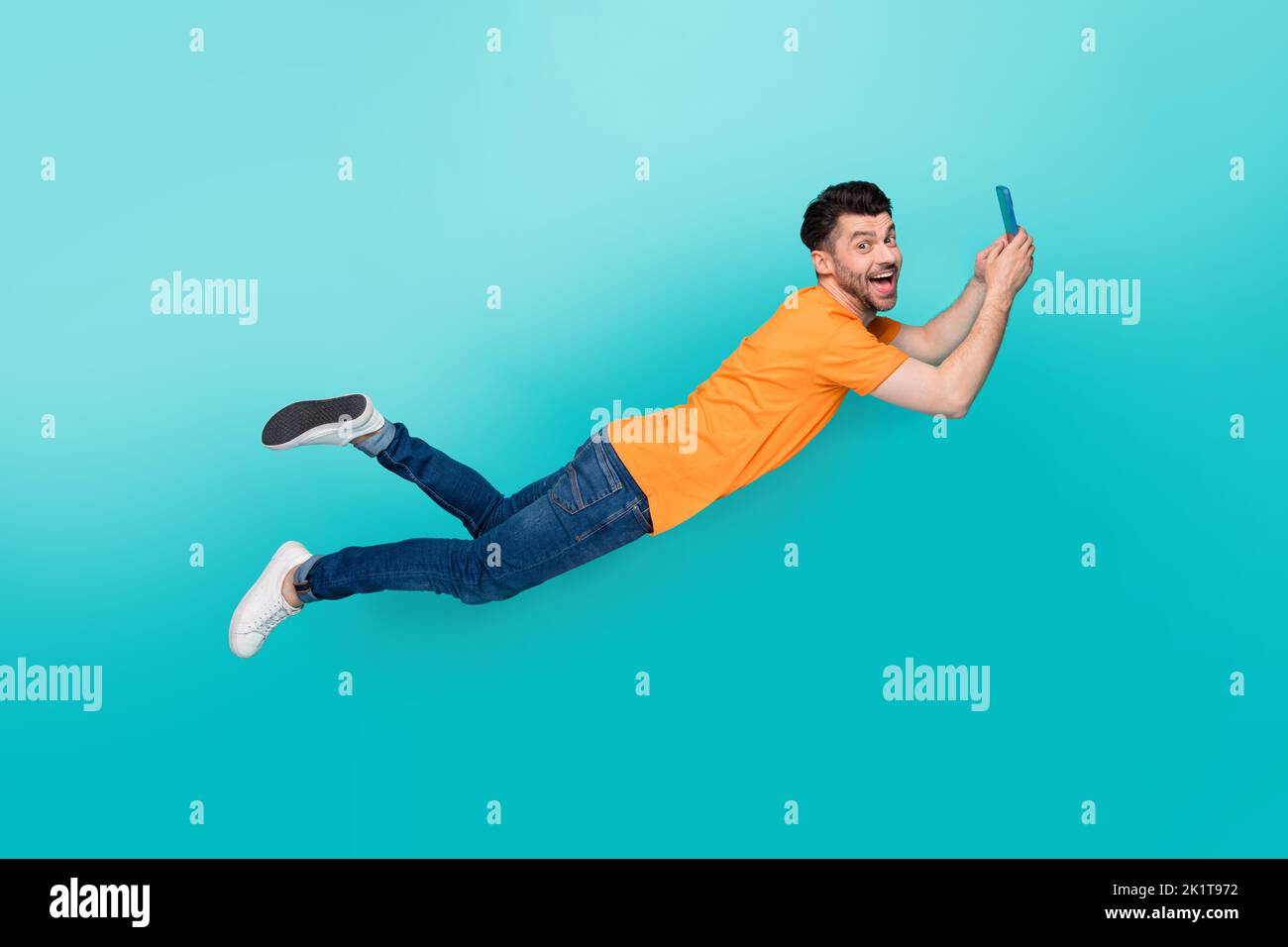 Full body photo of crazy guy influencer testing new wifi connection ...