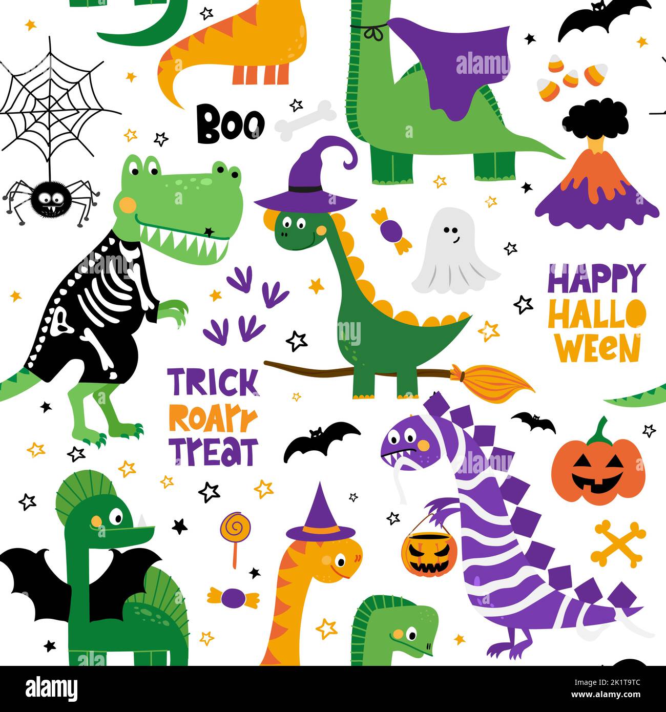 Cute dinosaur seamless pattern with spider web for Halloween. Dinosaurs ...