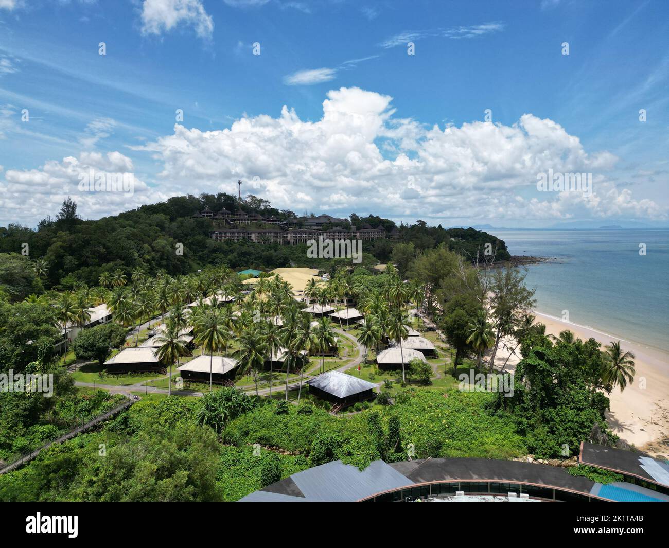 An aerial view of the ocean surrounded by beautiful greenery and ...