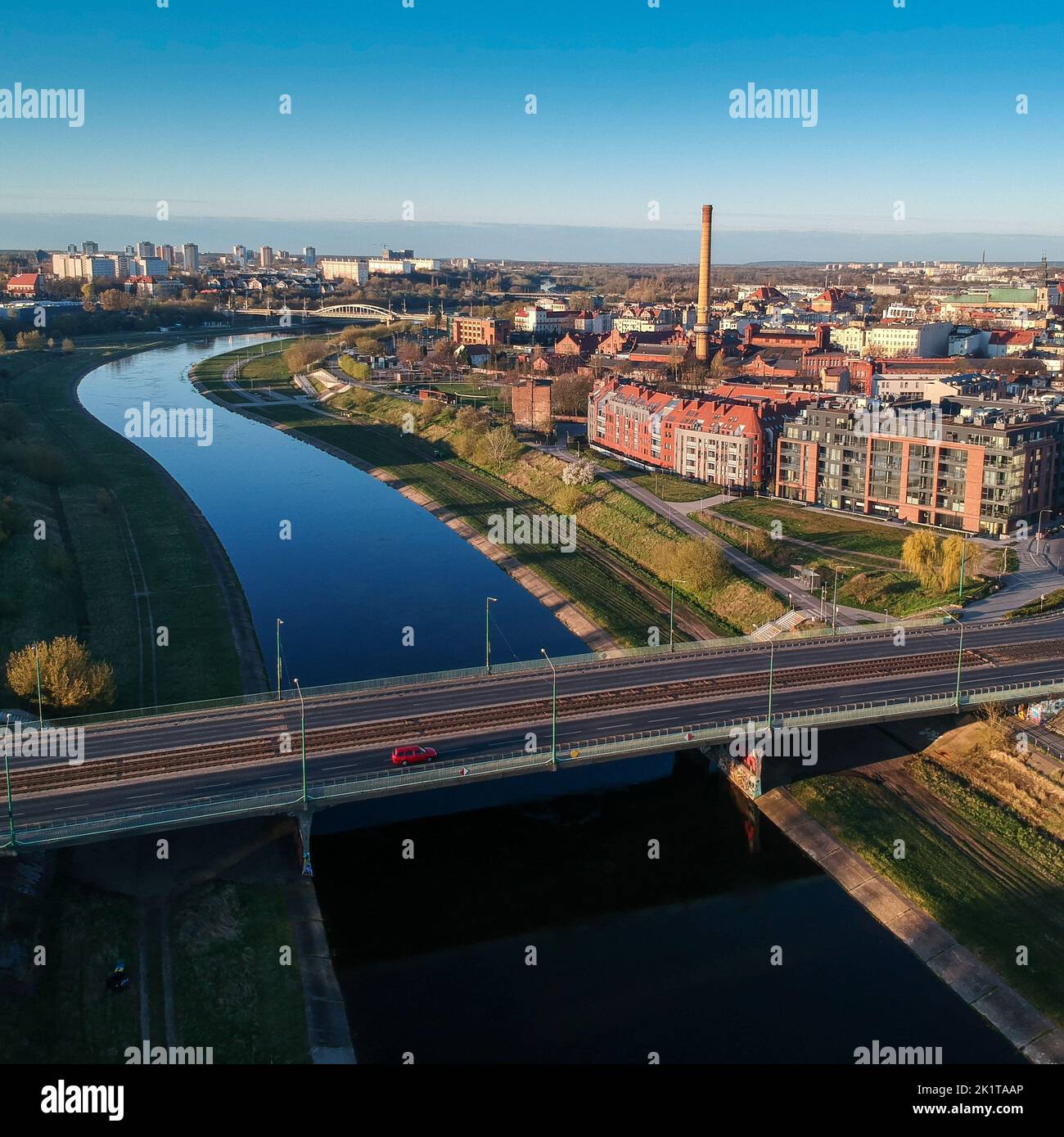 A bird's eye view of a bridge over the Warta river in Poznan, Poland ...