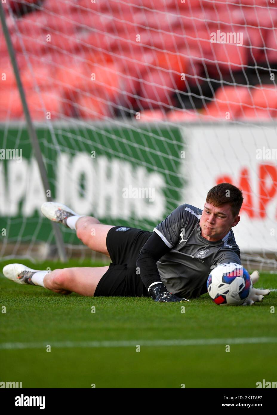 Swindon, UK. 20th Sep, 2022. Plymouth Argyle Zak Baker warming up (45) during the Papa John's ...