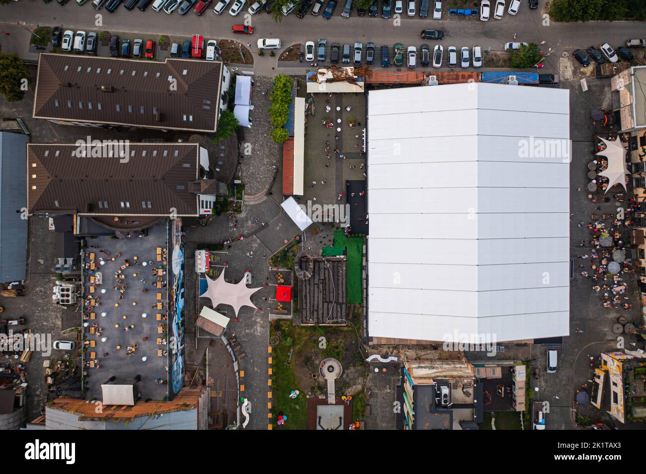 Aerial view on concert hall tent from drone Stock Photo - Alamy