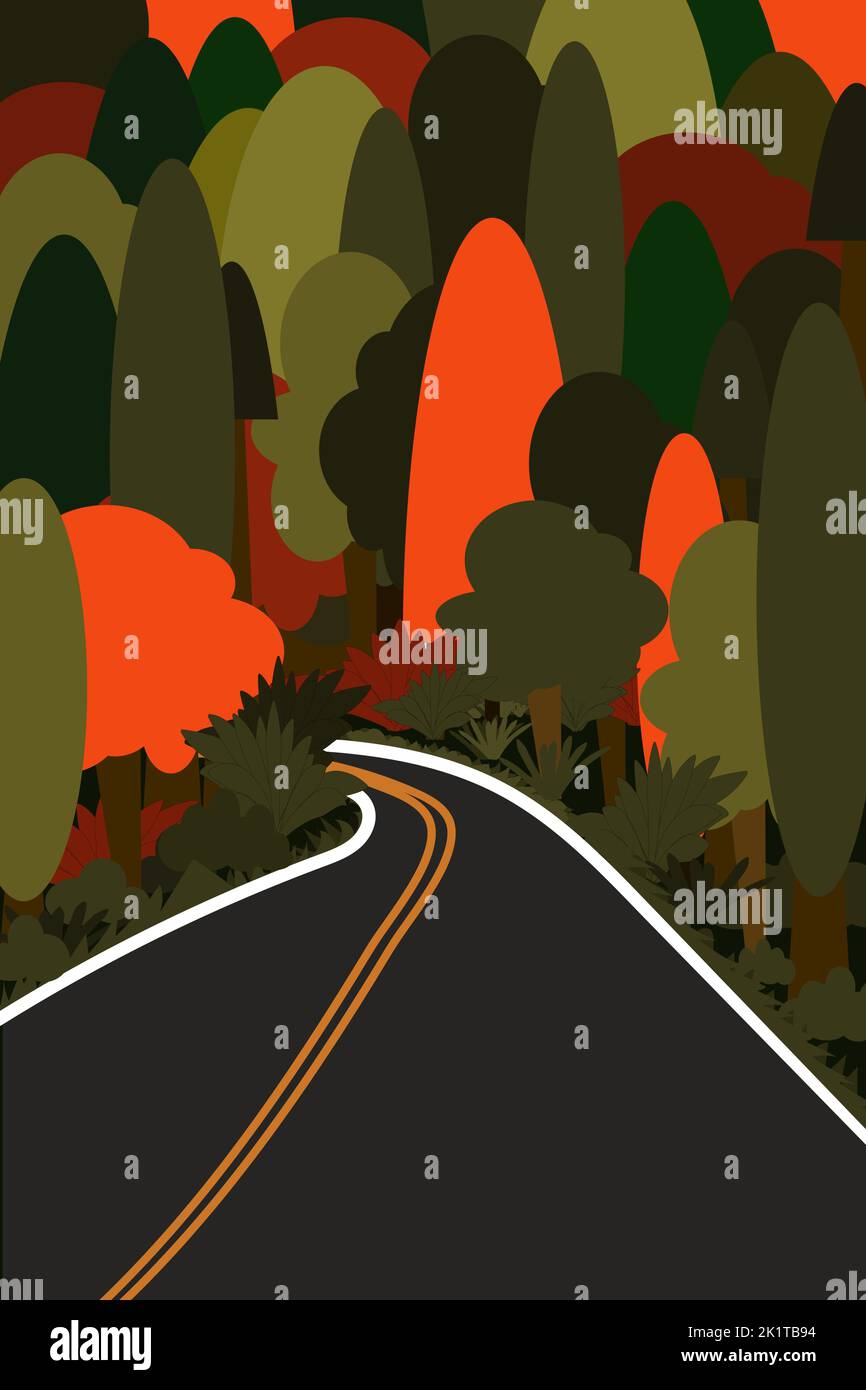 Road through the forest. Vector illustration of the beginning of autumn ...