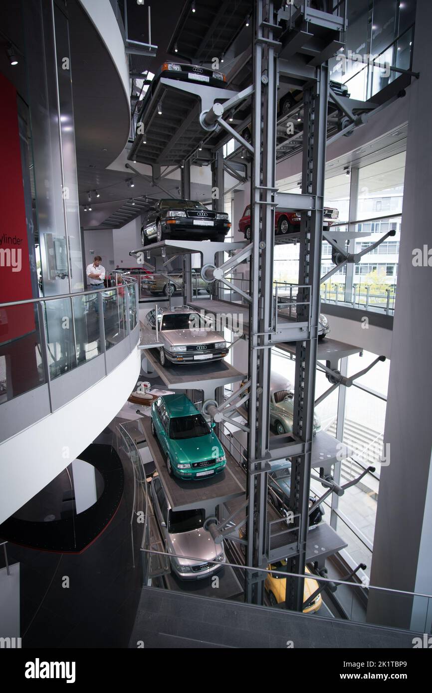 A vertical shot of Audi Car Lift at the Audi Forum Ingolstadt, Germany ...