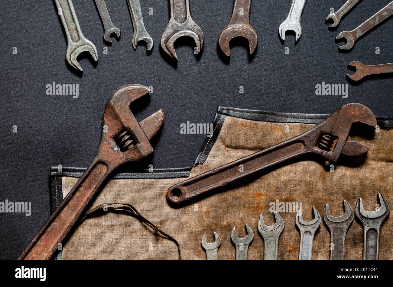 Hand tools for repair and reconstruction in home conditions lie on a ...