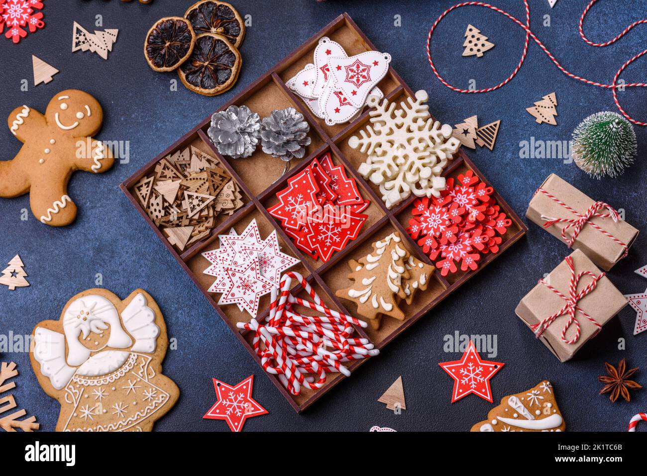 Christmas composition with gingerbread cookies, Christmas toys, pine ...