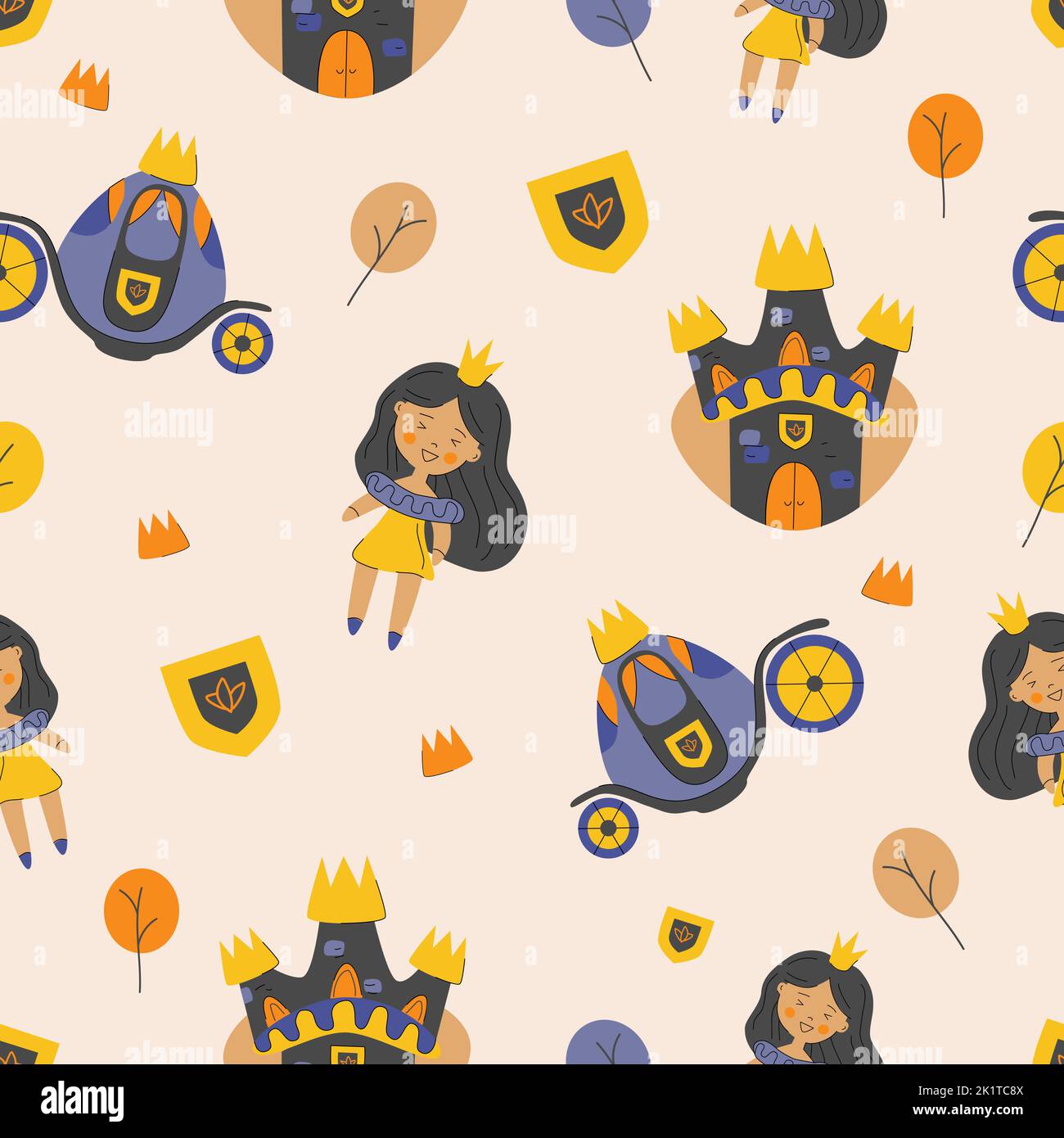 Little cute princess, castel coach and abstract trees seamless pattern ...