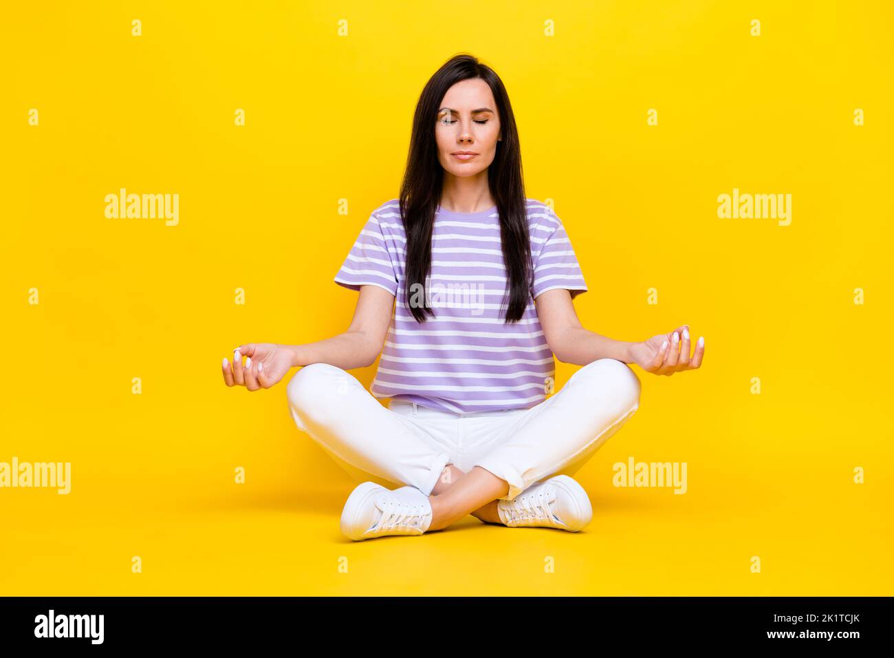 Full size photo of serious pretty lady sit rest relax wear stylish ...