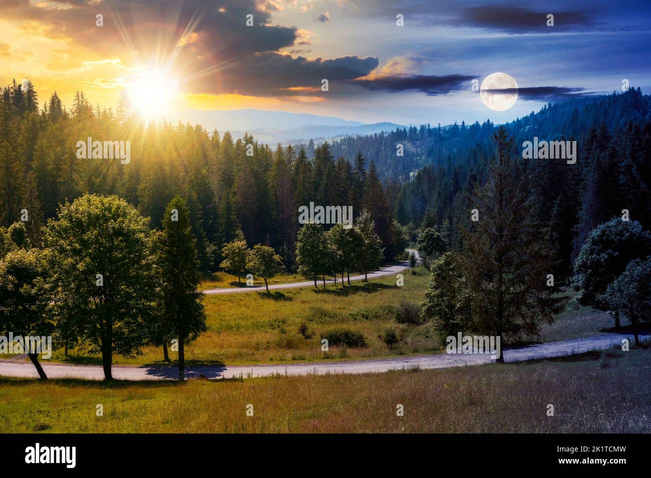 carpathian mountain landscape at summer twilight. day and night time ...