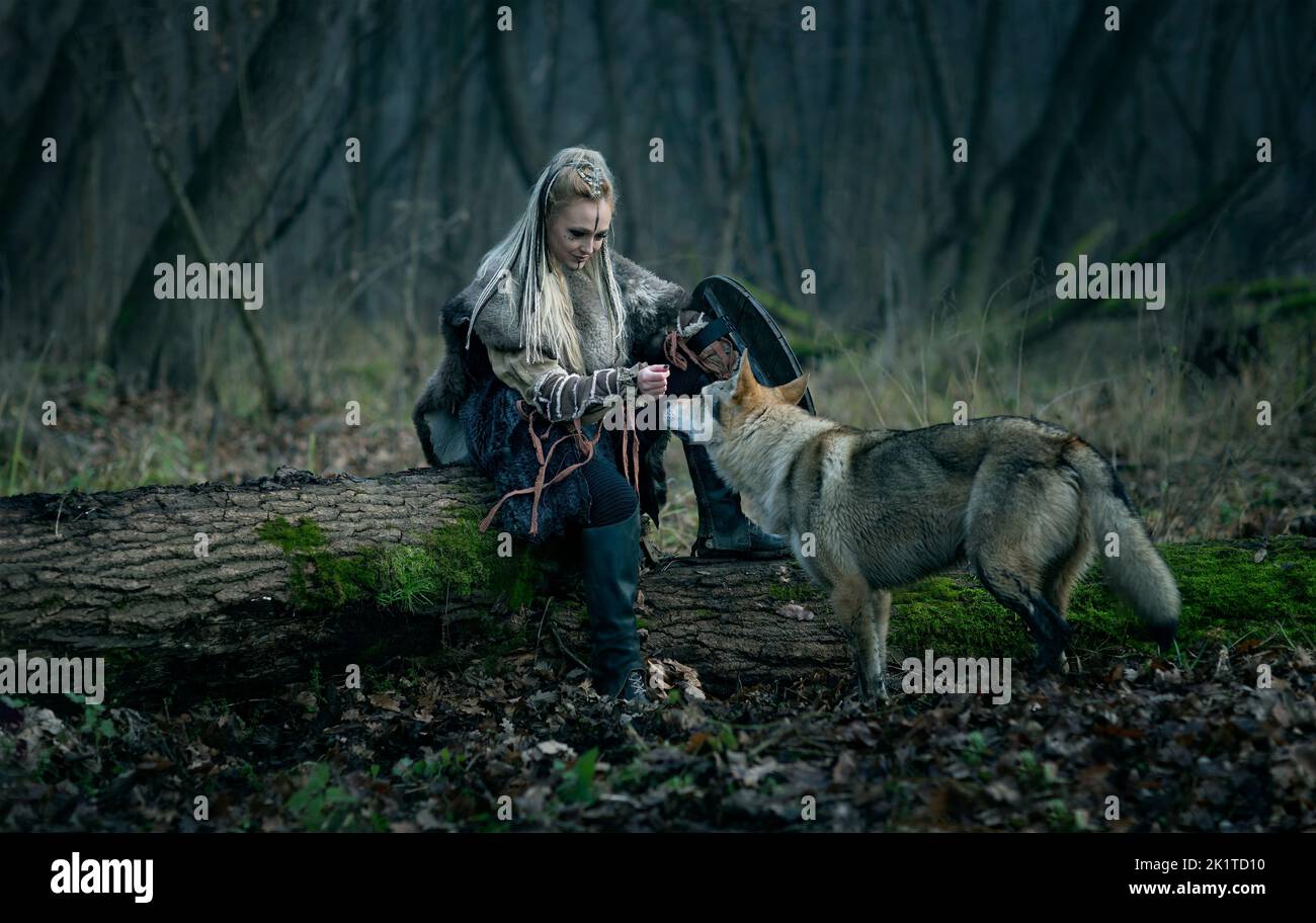Authentic Viking woman with sword in a traditional warrior clothes with ...