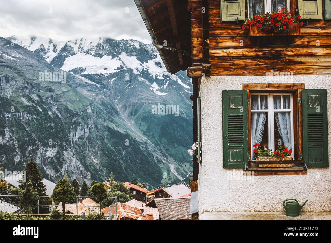 Switzerland, Jungfrau. Village in Swiss Alps mountains. House with ...