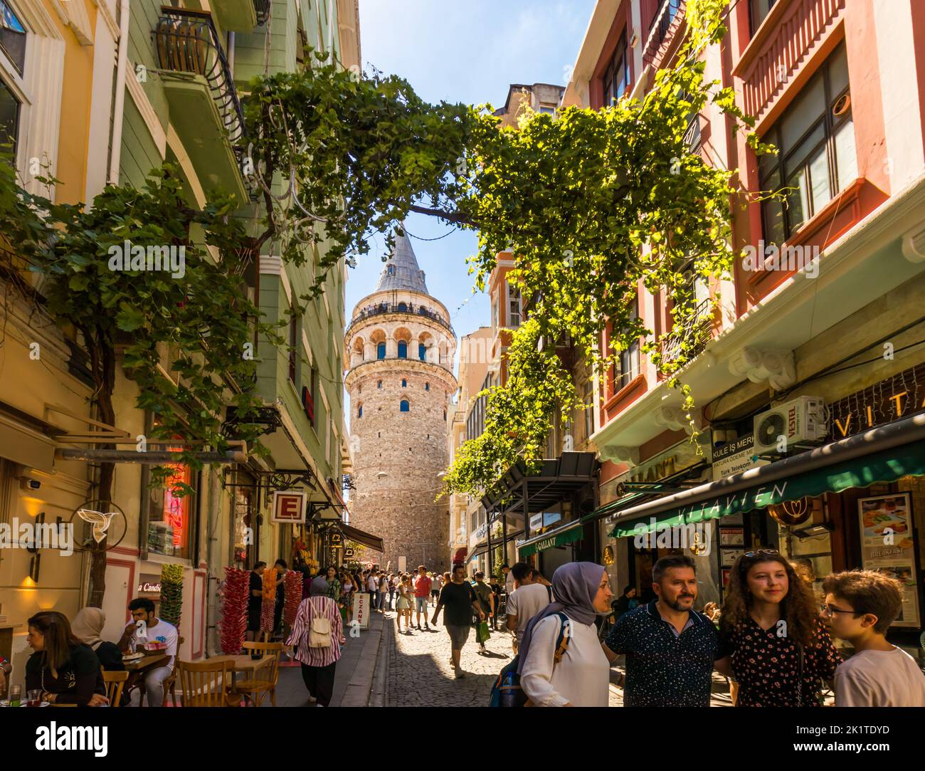 A beautiful view of the street with the view of the Galata tower in old ...