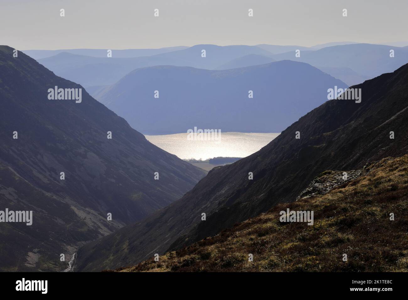 Misty view over Crummock Water, Lake District National Park, Cumbria ...