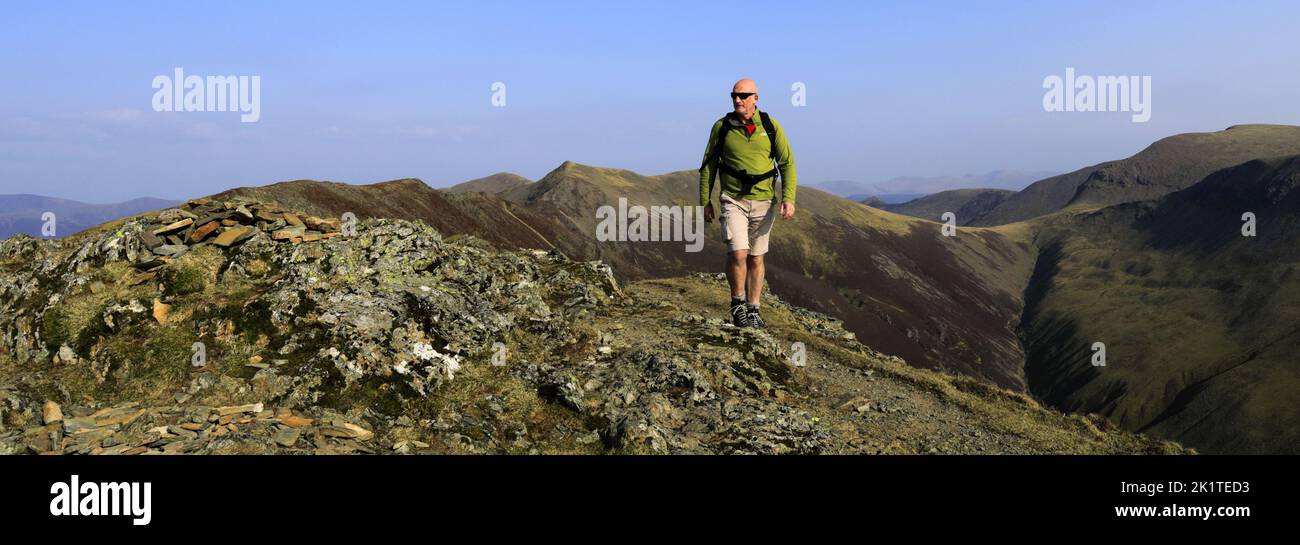 Walker at the summit cairn of Whiteside fell, Lake District National ...