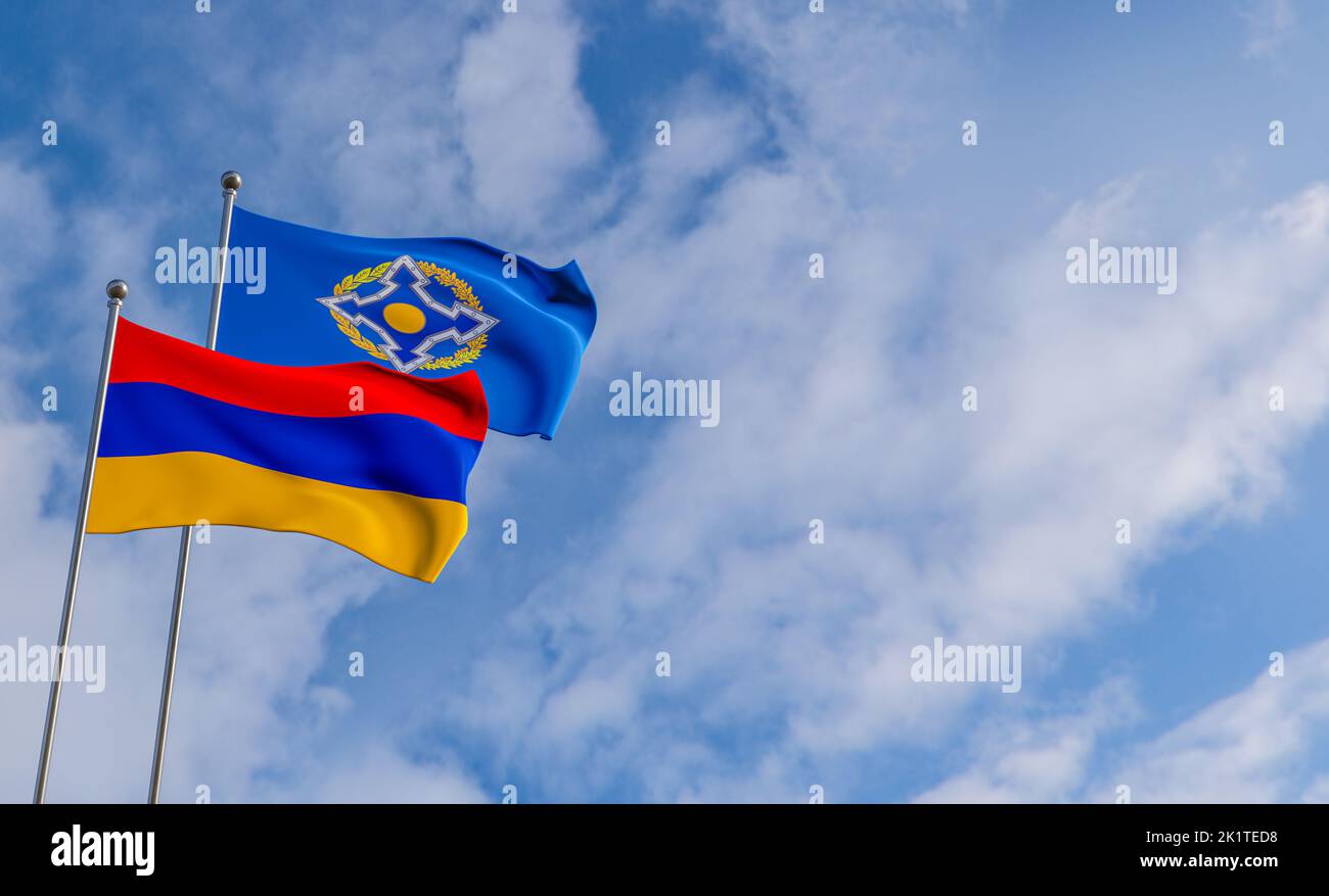 Armenia and Collective Security Treaty Organization flags. Blue sky and ...