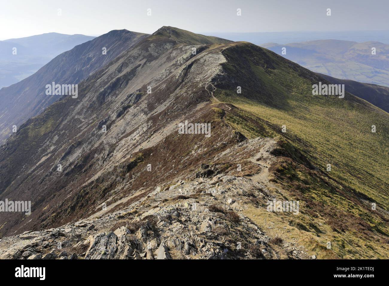 View over the summit cairn of Whiteside fell, Lake District National ...
