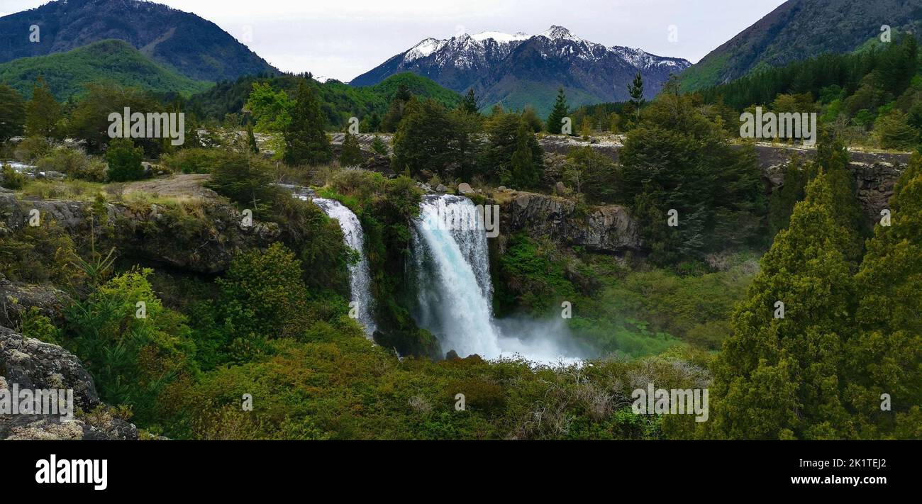An aerial view of Salto Truful-Truful waterfall surrounded by lush ...