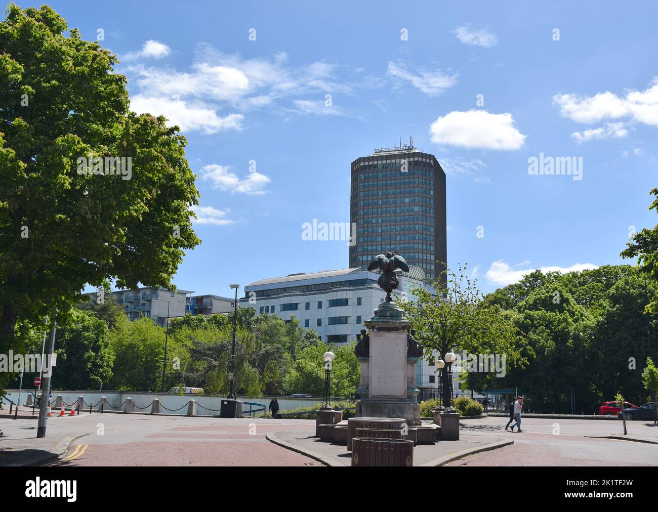 Cardiff Wales city centre with city hall and city signs Stock Photo - Alamy