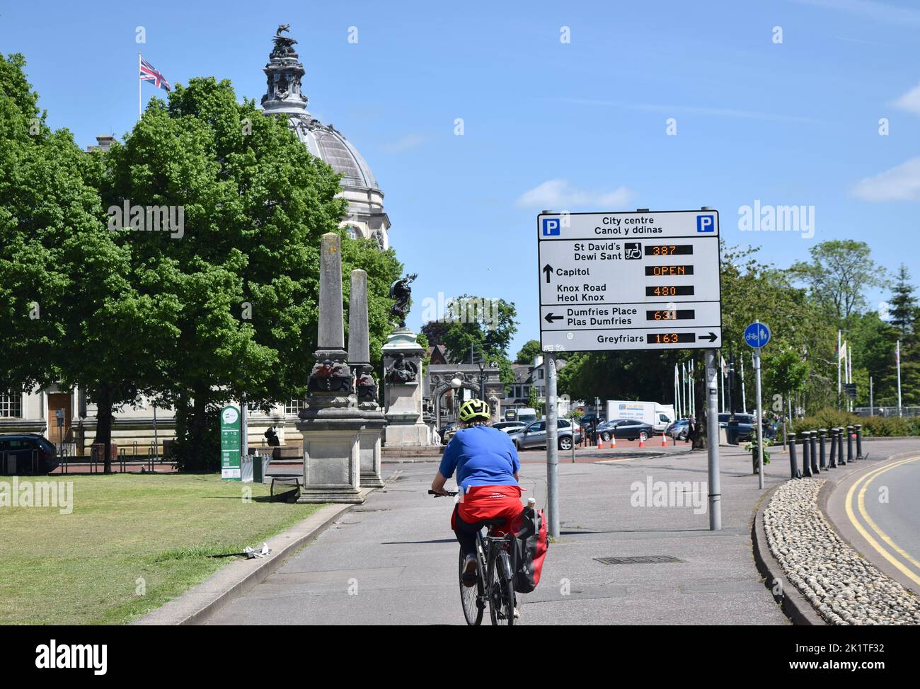 Cardiff Wales city centre with city hall and city signs Stock Photo - Alamy