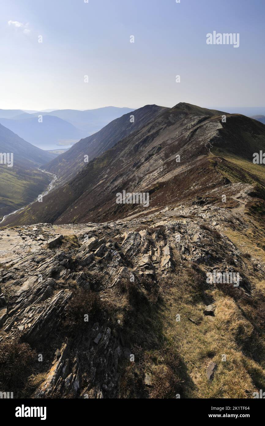 View over the summit cairn of Whiteside fell, Lake District National ...