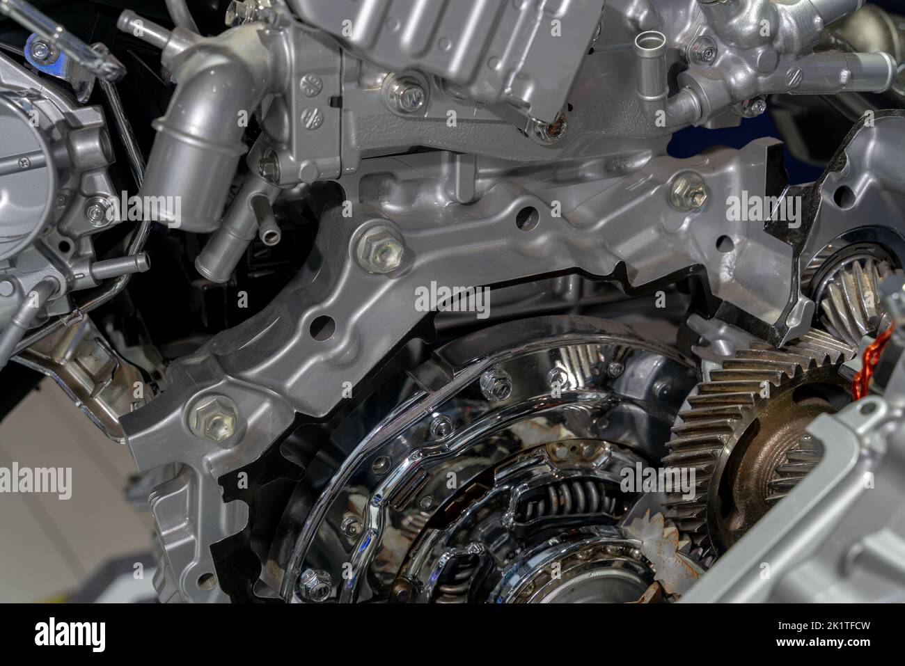 A closeup shot of a modern automobile vehicle engine and spare parts ...