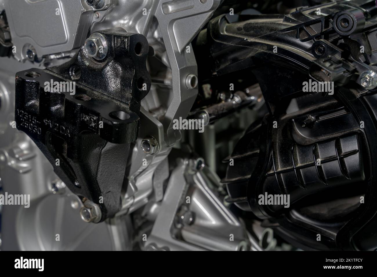 A closeup shot of a modern automobile vehicle engine and spare parts ...