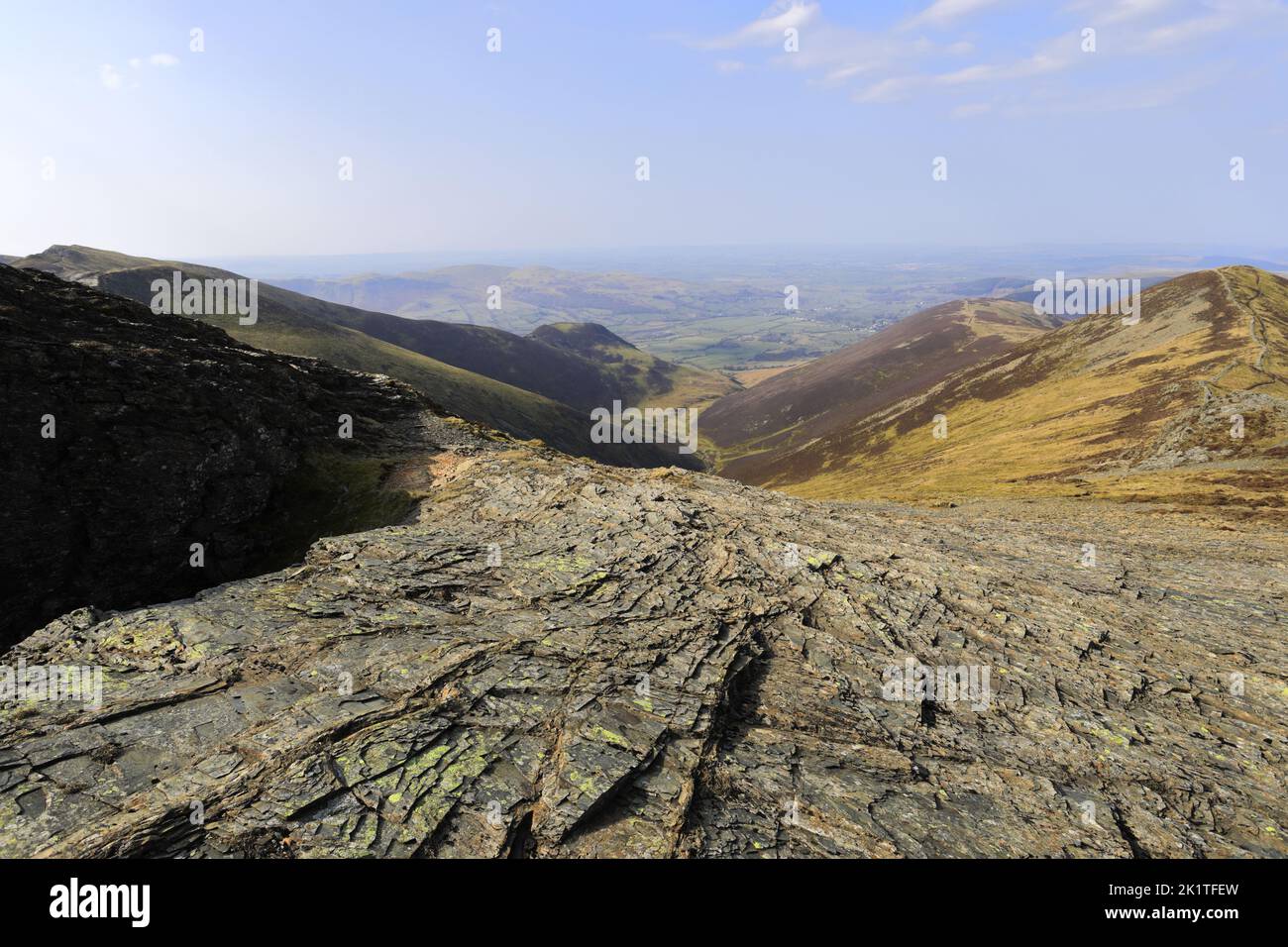 View over the summit of Ladyside Pike fell and the Whinlatter forest ...