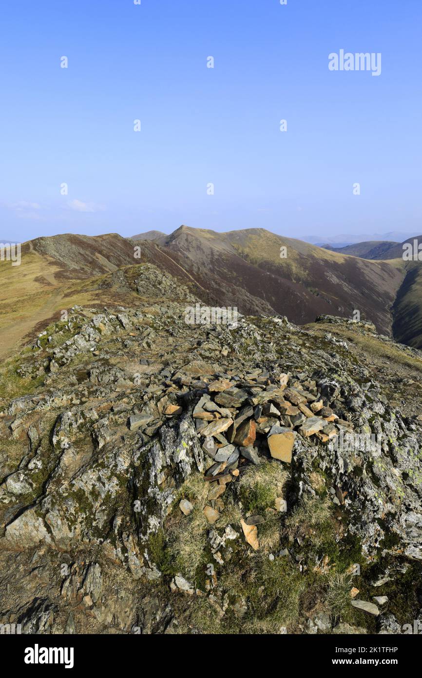 View over the summit cairn of Whiteside fell, Lake District National ...