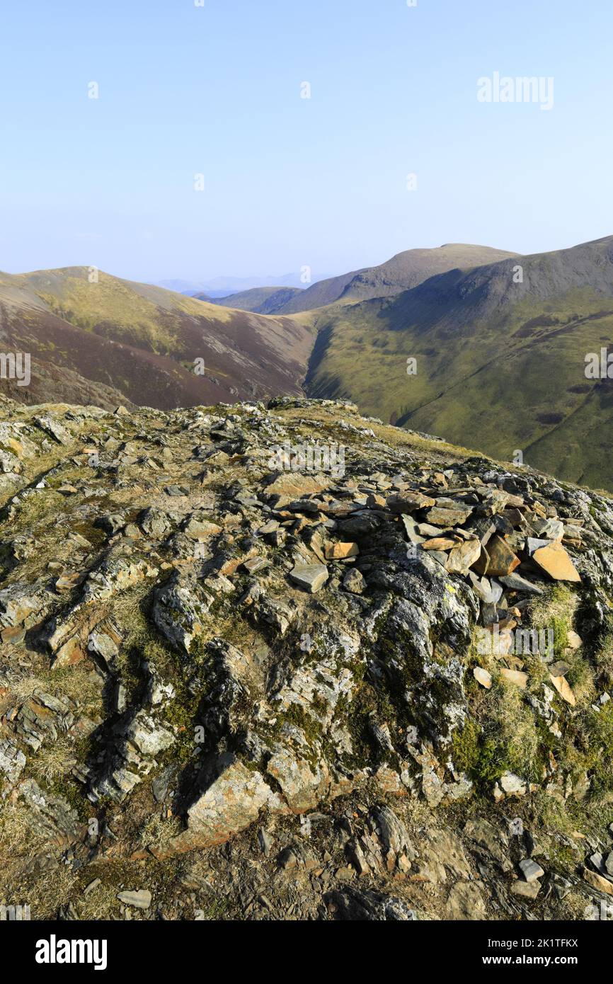 View over the summit cairn of Whiteside fell, Lake District National ...
