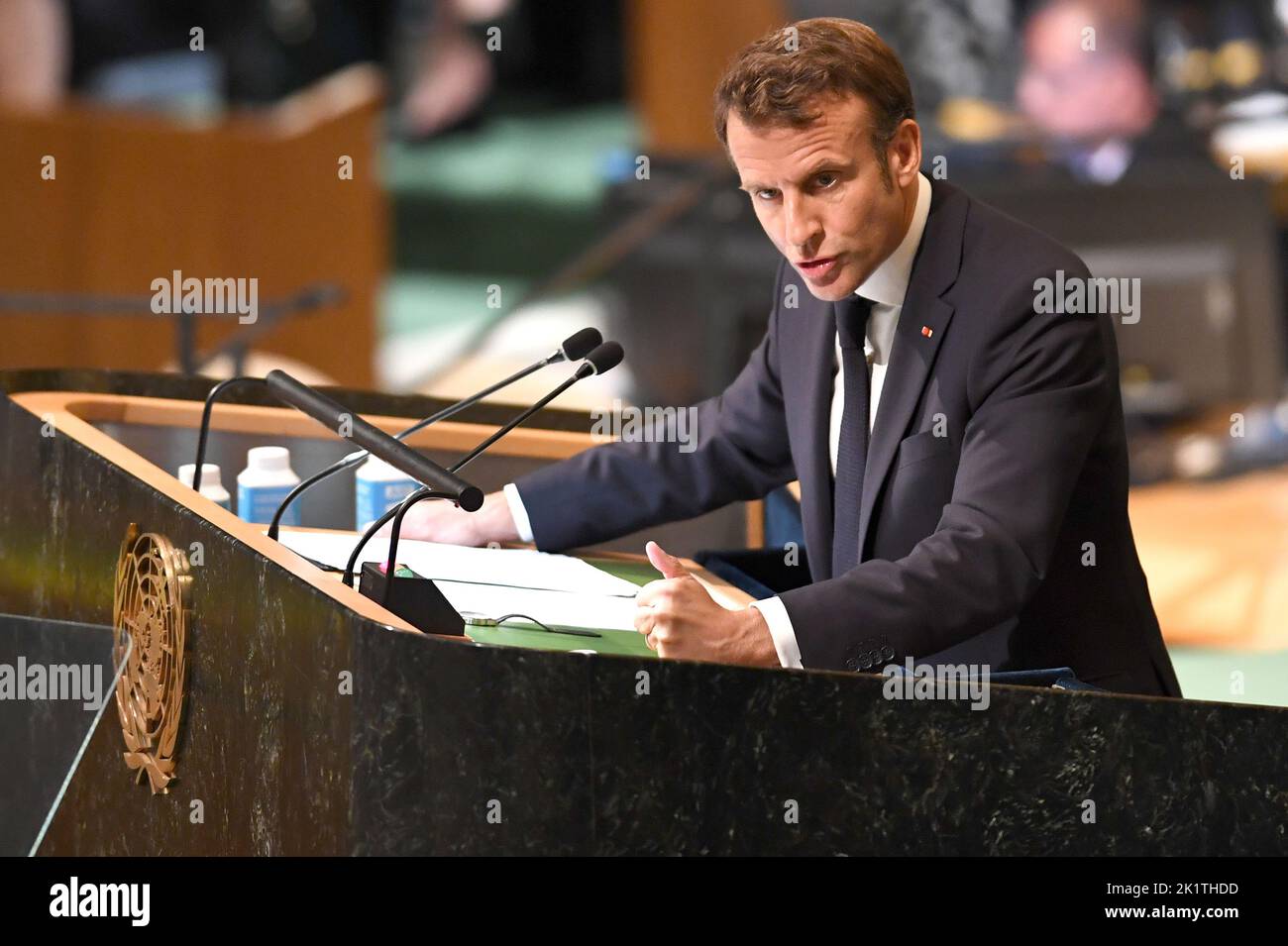 Emmanuel Macron, President of France, addresses the 77th session of the ...