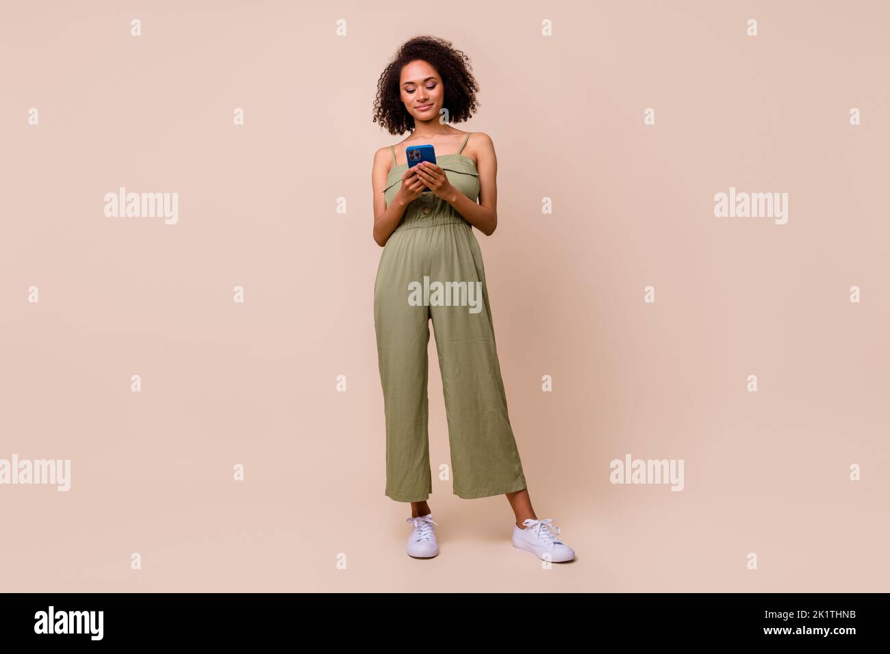 Full size photo of gorgeous cute positive girl curly hairstyle khaki ...