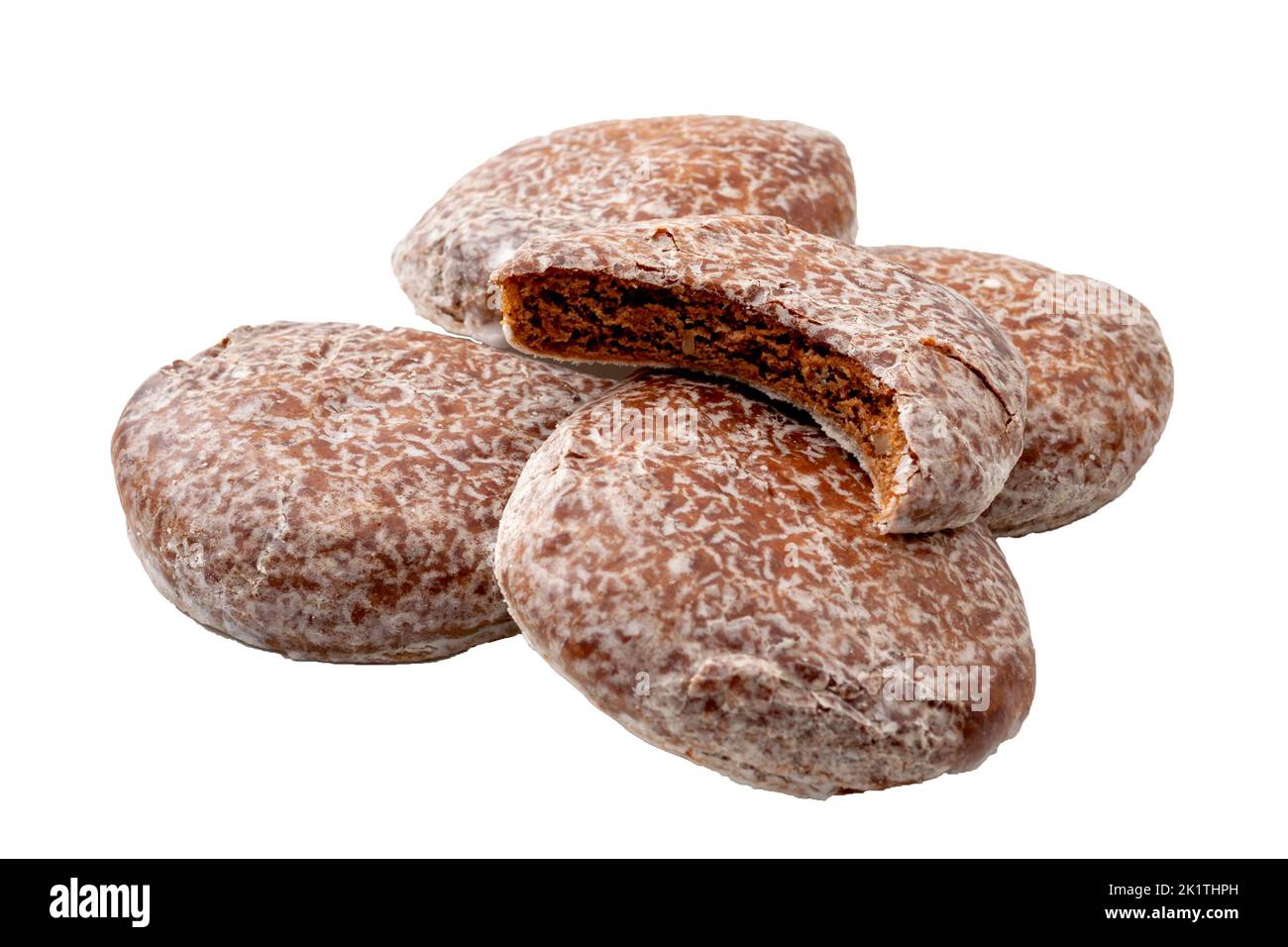 Traditional soft gingerbread cookies isolated on white background with ...