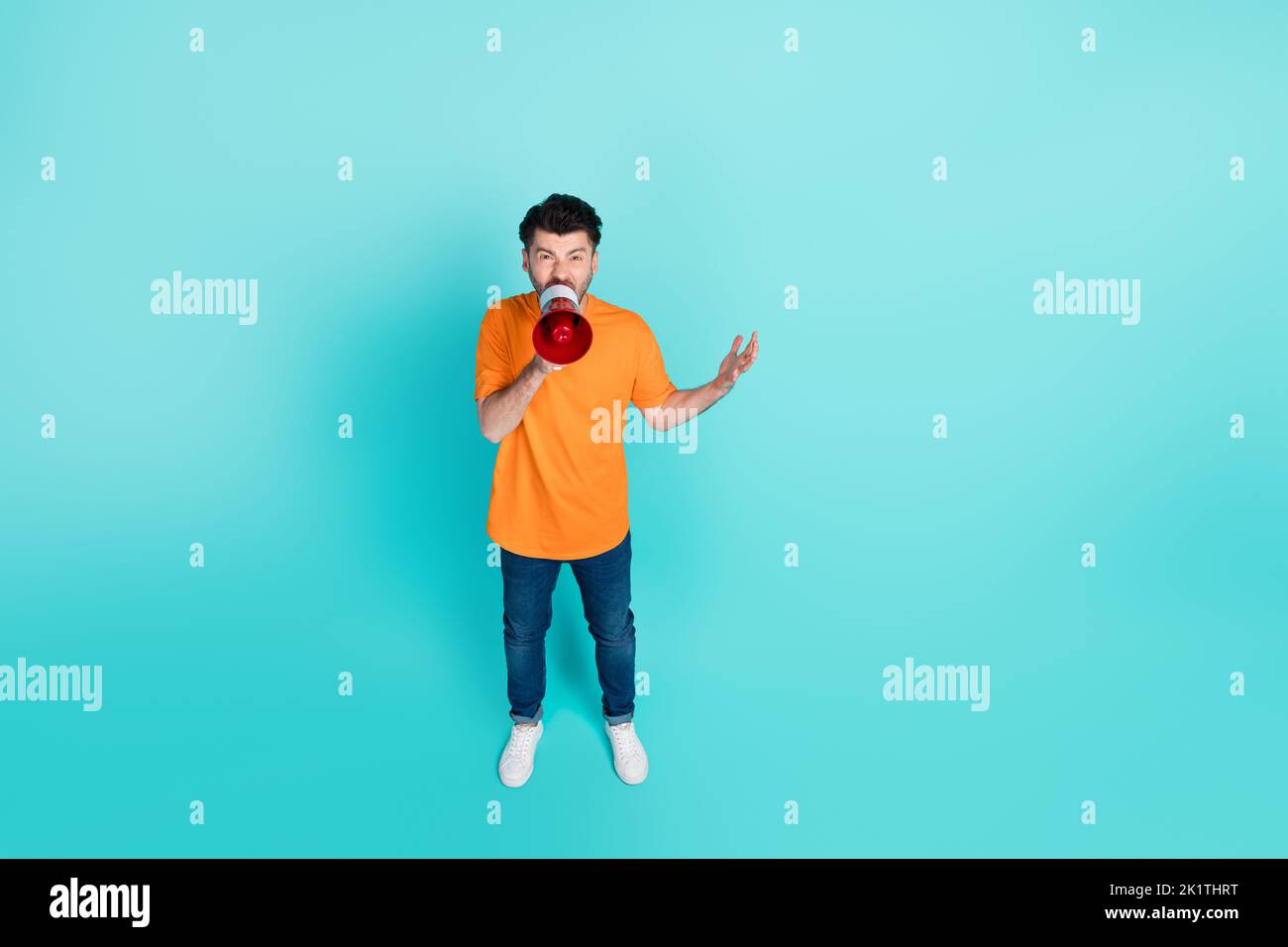 Top high angle view photo of frowning negative man screaming yelling ...