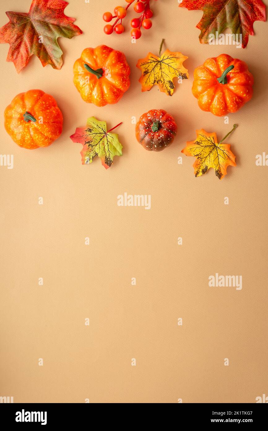 Fall autumn flat lay background. Pumpkins and fall leaves Stock Photo ...
