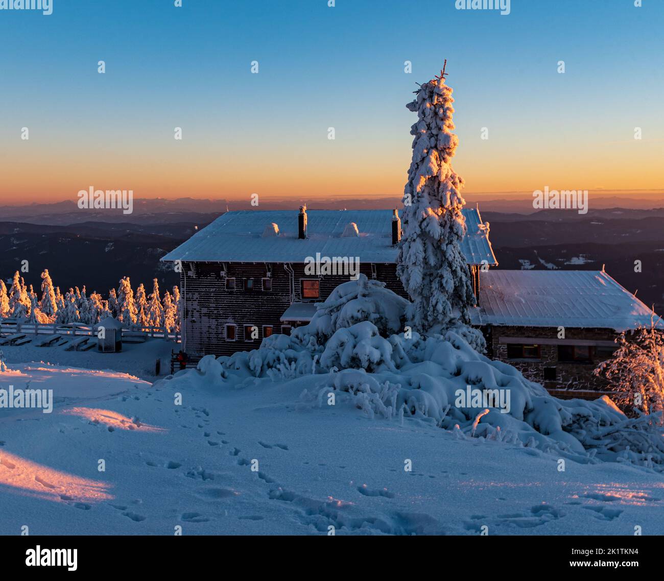 Bezrucova chata hut on Lysa hora hill in winter Moravskoslezske Beskydy ...