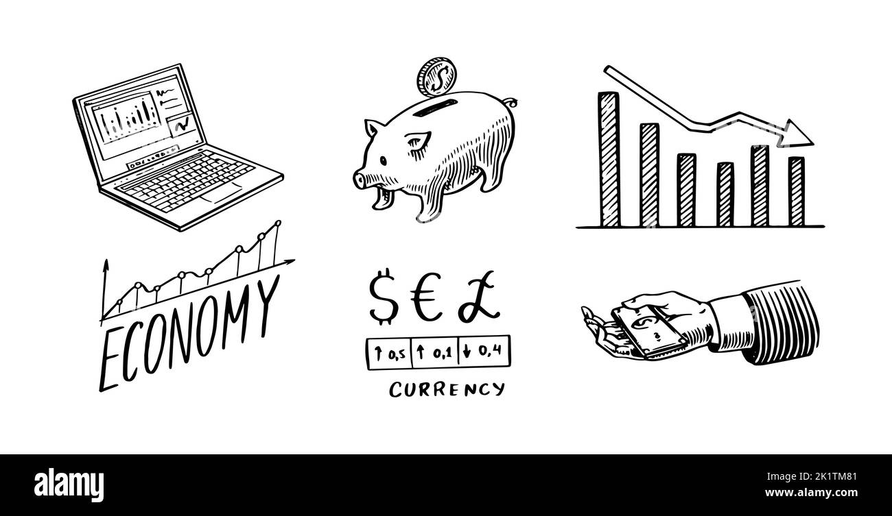 Economy poster. Finance and money. Piggy bank, calculator and graphs ...